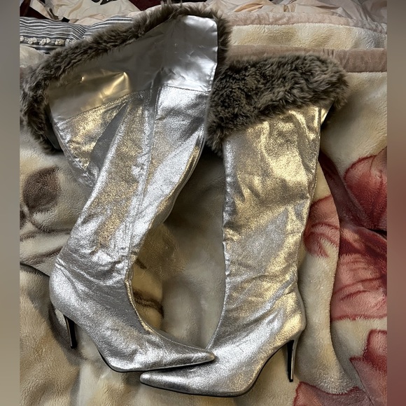 Colin Stuart | Shoes | Colin Stuart Silver Foil Point Faux Fur High ...
